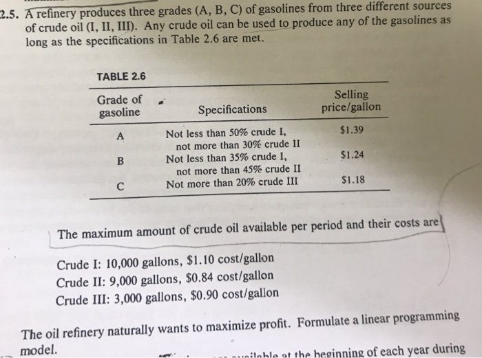 2.5. A refinery produces three grades (A, B, C) of | Chegg.com