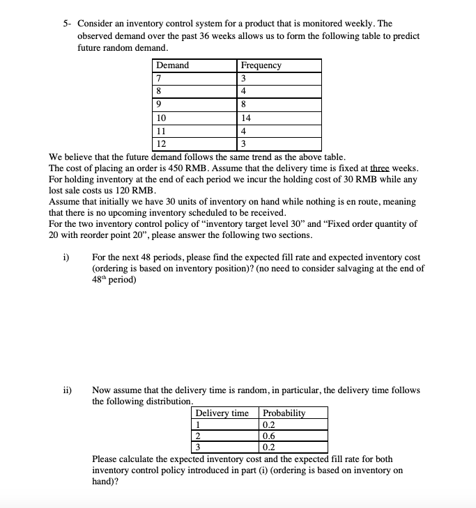 5- Consider an inventory control system for a product | Chegg.com