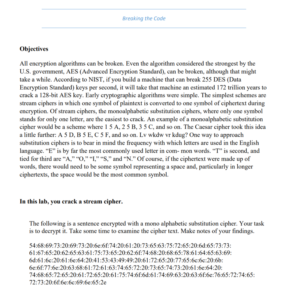 Solved Breaking the Code Objectives All encryption | Chegg.com