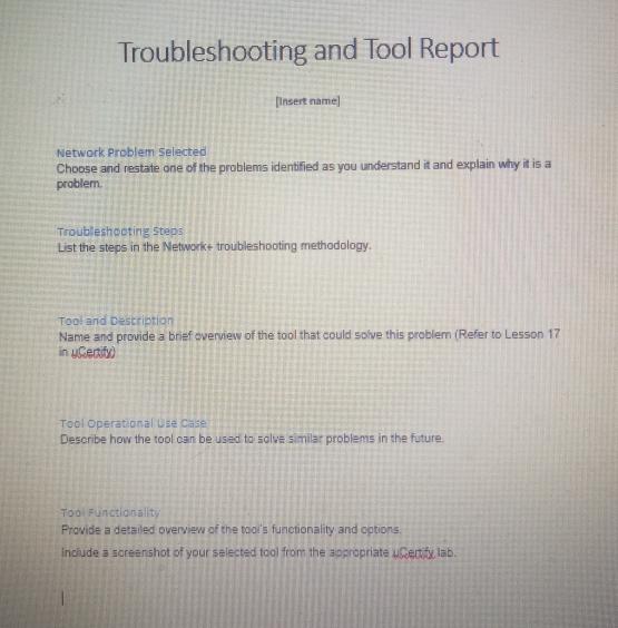 Troubleshooting and Tool Report [lasert name] Network | Chegg.com