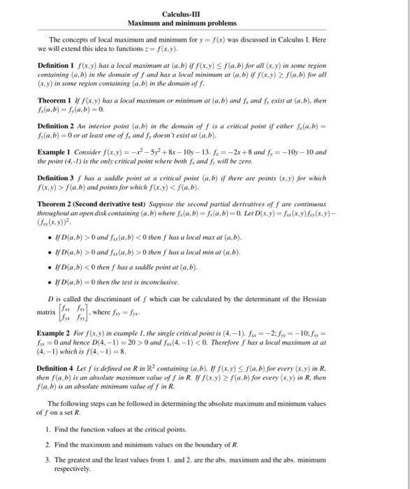 Solved Calculus III Maximum and minimum problems The | Chegg.com