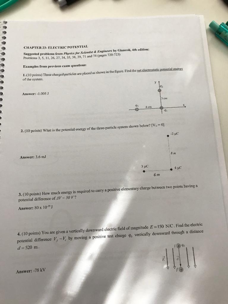 Solved CHAPTER 23- ELECTRIC POTENTIAL Suggested problems | Chegg.com