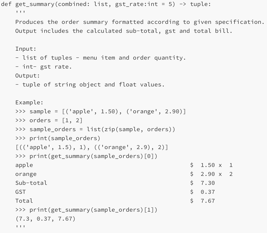 Solved The parameter for get_summary() is a list of tuples | Chegg.com