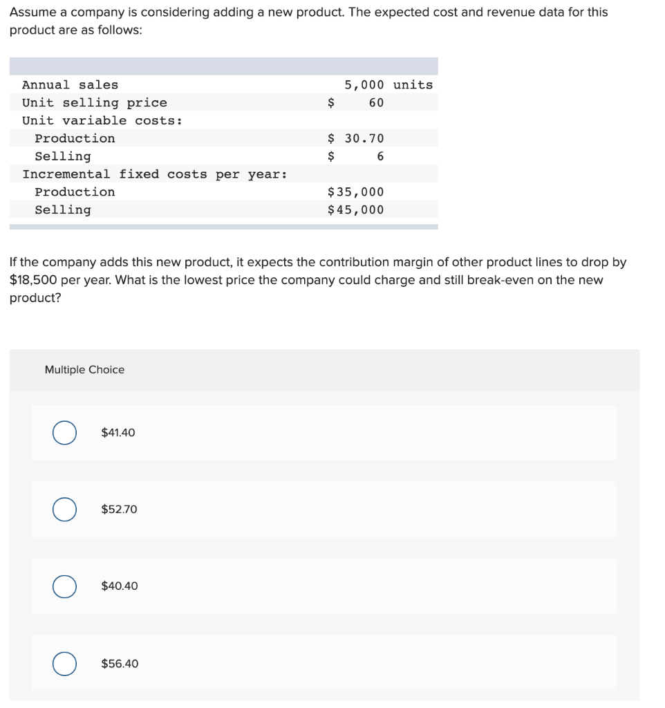 Solved Assume A Company Is Considering Adding A New Product Chegg