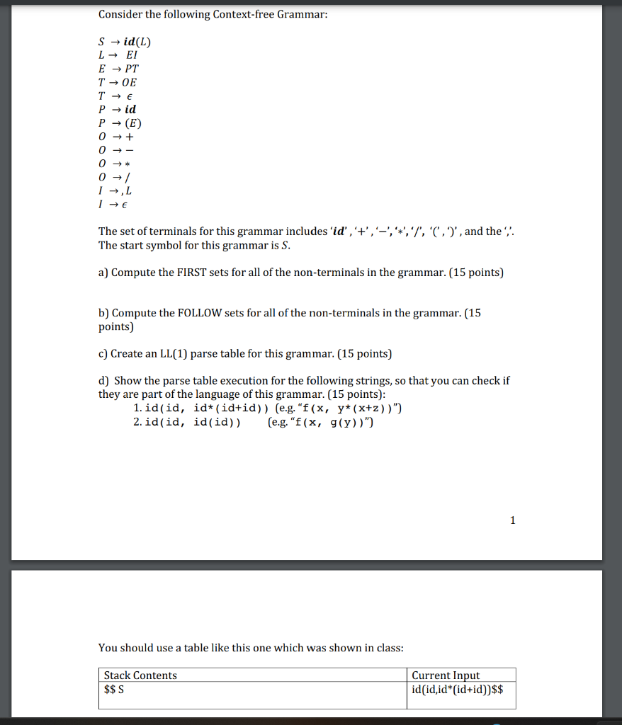 Solved The set of terminals for this grammar includes 'id' , | Chegg.com