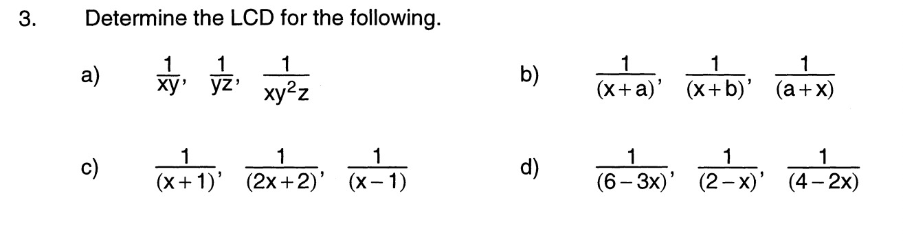 Solved 3. Determine the LCD for the following. a) \\( | Chegg.com