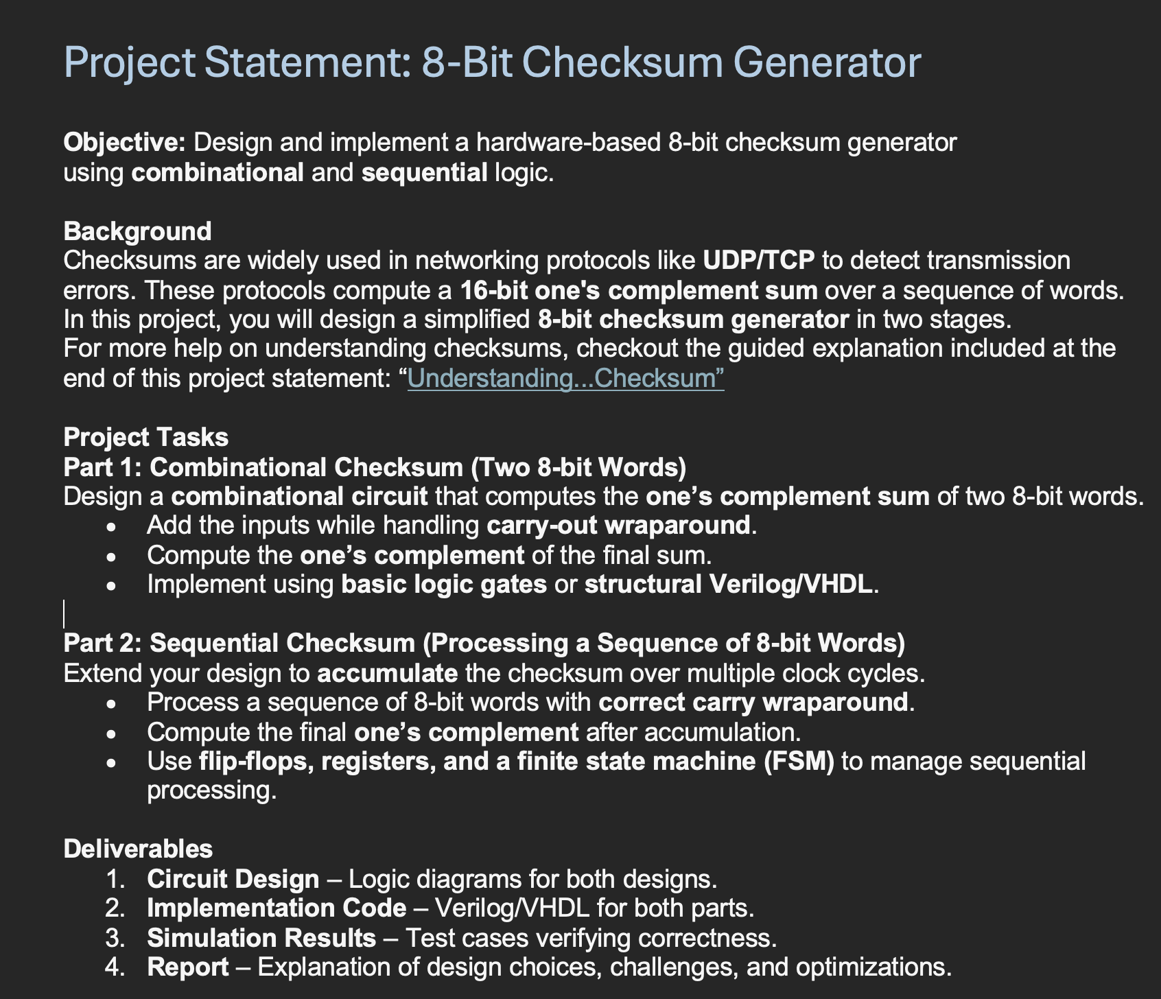 Project Statement: 8-Bit Checksum Generator | Chegg.com