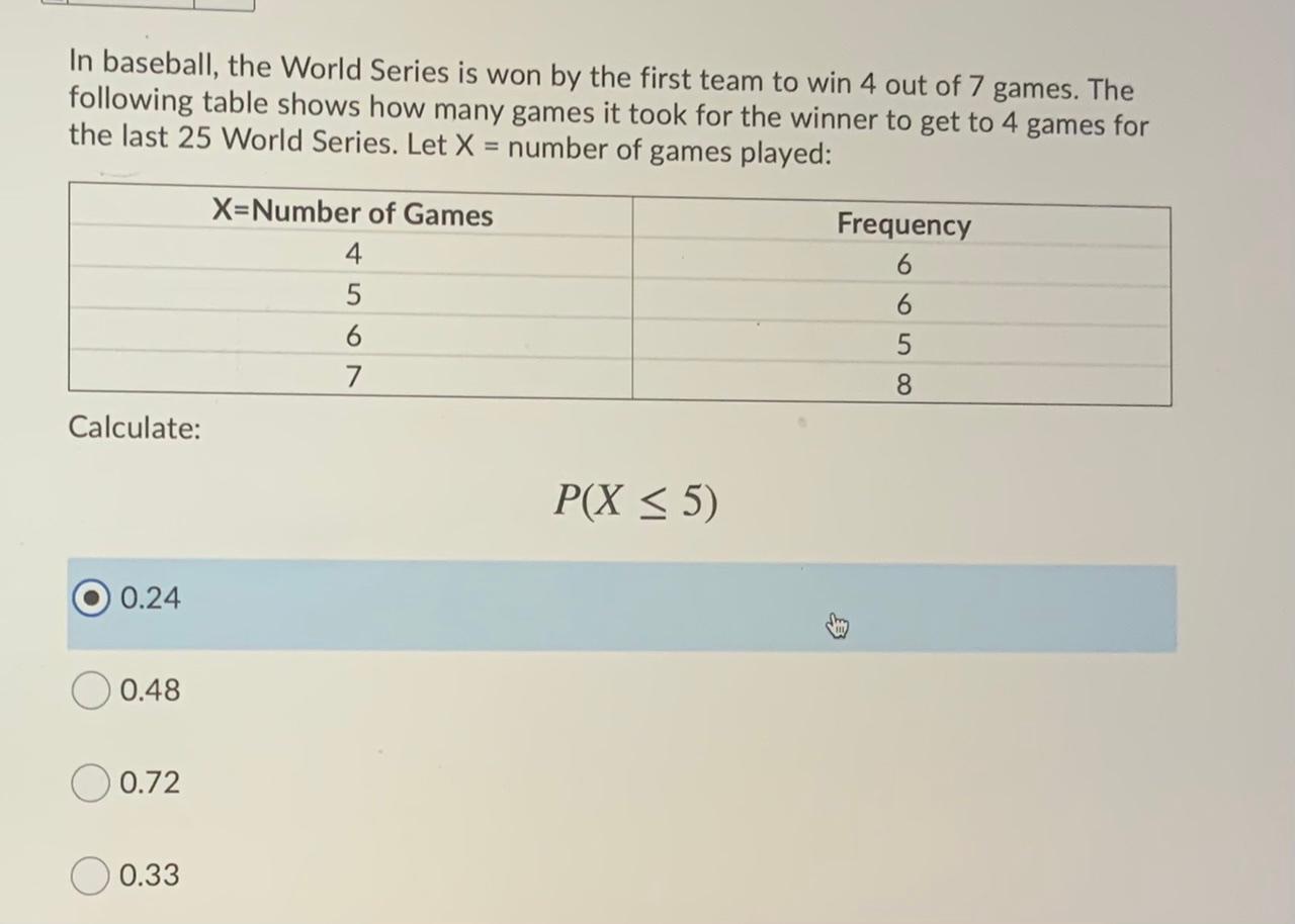 Solved In baseball, the World Series is won by the first | Chegg.com