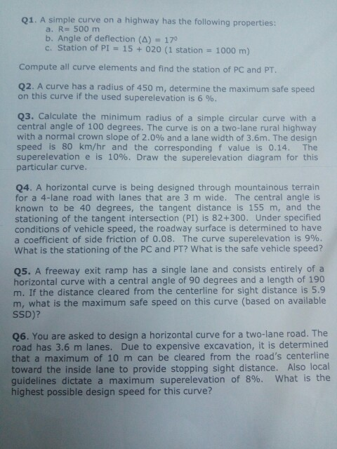 Solved Q1. A simple curve on a highway has the following | Chegg.com
