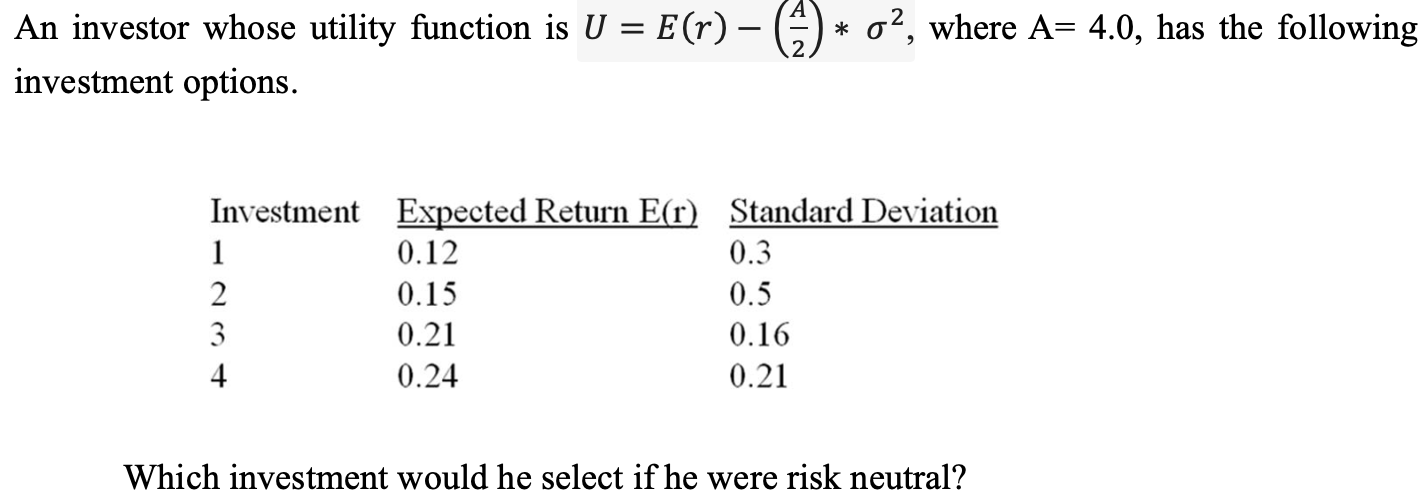 Solved An investor whose utility function is U = E(r) – ) * | Chegg.com