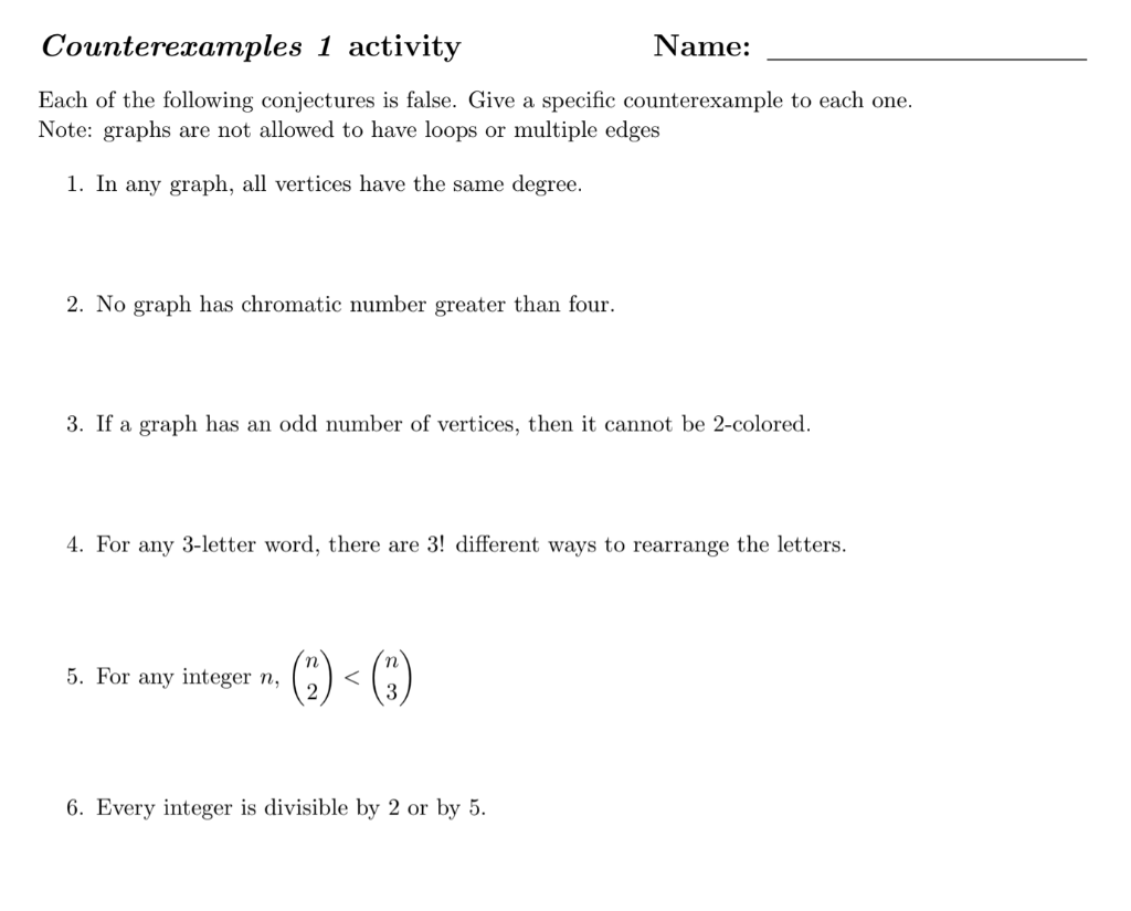 Solved Counterexamples 1 activity Name: Each of the | Chegg.com