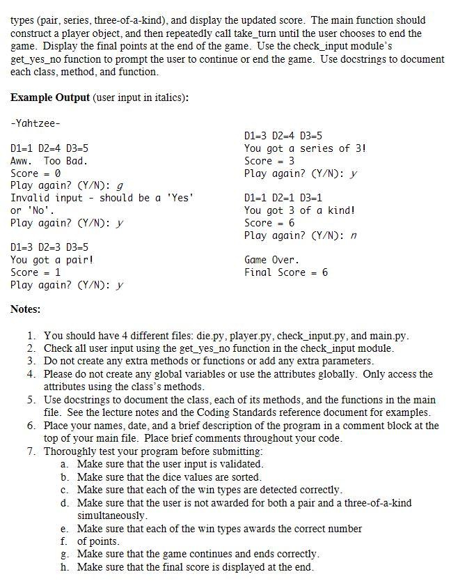Solved Yahtzee Create a dice game that awards the user | Chegg.com