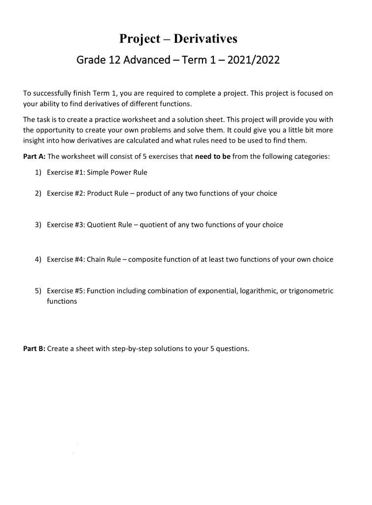 Solved Project – Derivatives Grade 12 Advanced - Term 1 - | Chegg.com