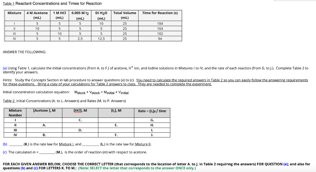 Solved Table 1 Reactant Concentrations and Times for | Chegg.com