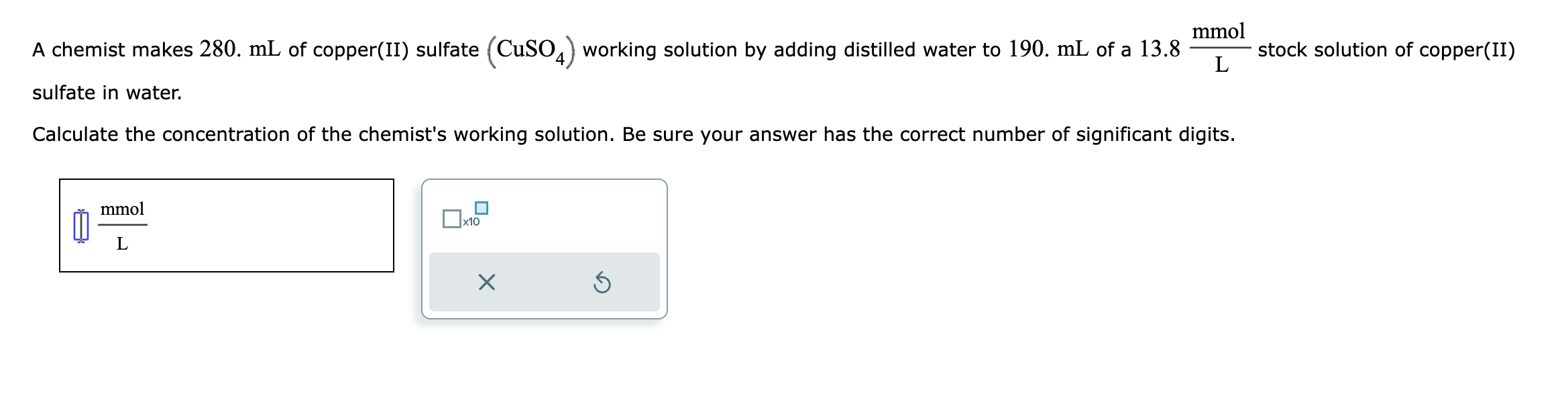 Solved A chemist makes 280.mL of copper(II) sulfate (CuSO4) | Chegg.com