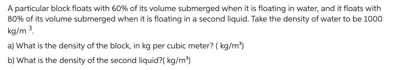 Solved A particular block floats with 60% of its volume | Chegg.com