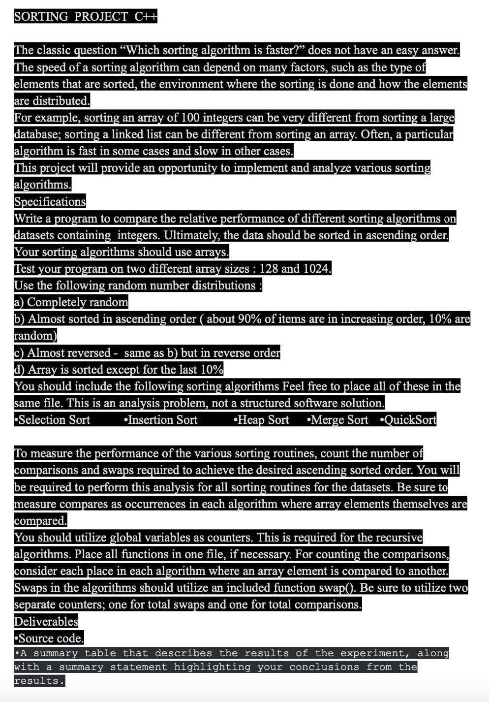 Sorting Project C The Classic Question Which Chegg