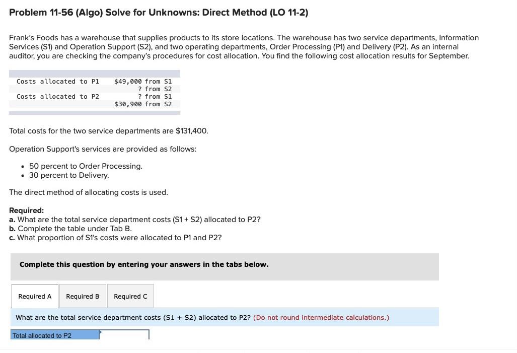 Solved Problem 11-56 (Algo) Solve for Unknowns: Direct | Chegg.com
