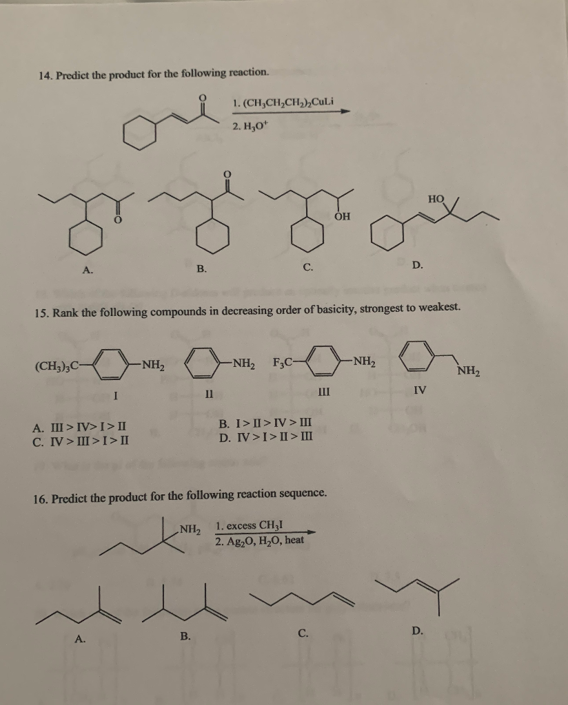 Solved 14. Predict the product for the following reaction. | Chegg.com