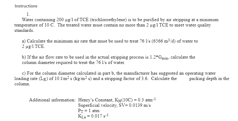 Solved Instructions 1. Water containing 200 ug/1 of TCE | Chegg.com