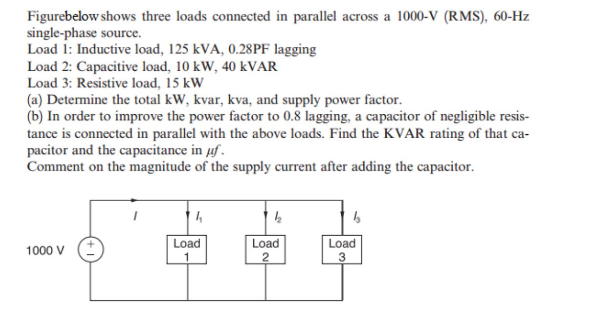 Solved Figurebelow shows three loads connected in parallel | Chegg.com