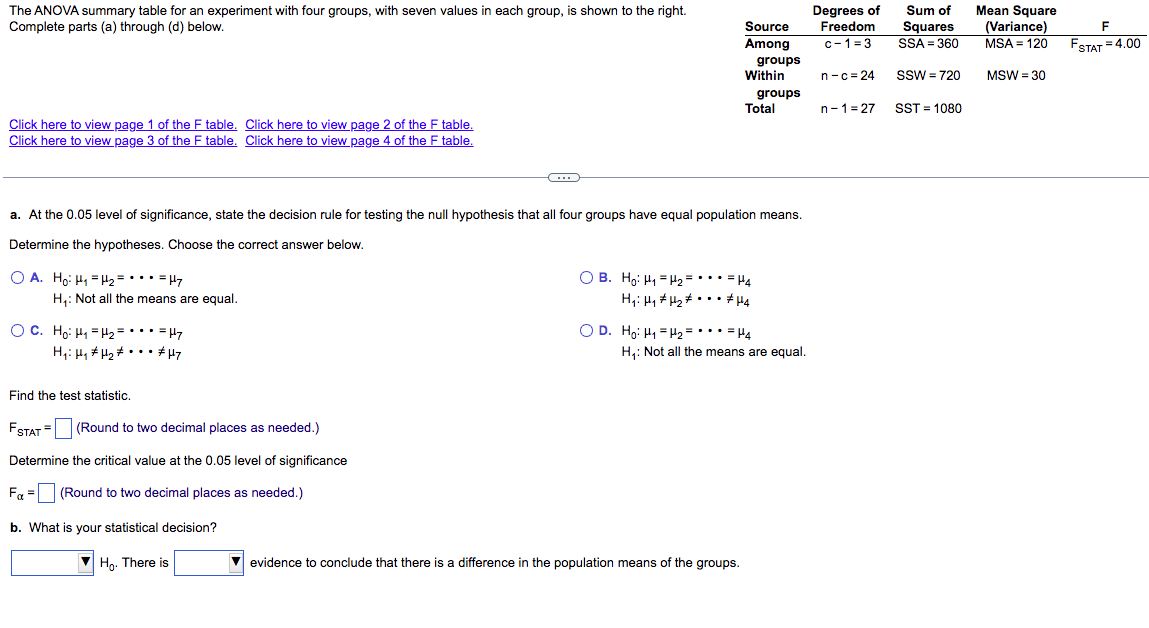 Solved The Anova Summary Table For An Experiment With Four 7751