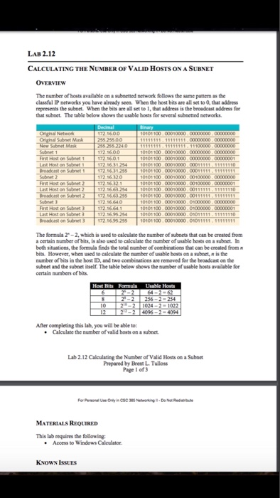 Solved LAB 2.12 CALCULATING THE NUMBER OF VALID HOSTS ON A | Chegg.com