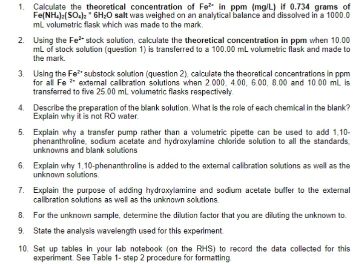 Solved 1. Calculate the theoretical concentration of Fe2 in | Chegg.com
