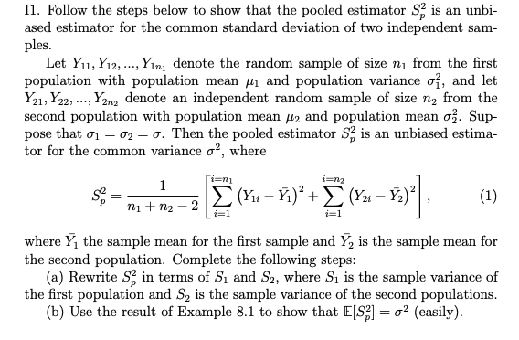 Solved I1. Follow the steps below to show that the pooled | Chegg.com