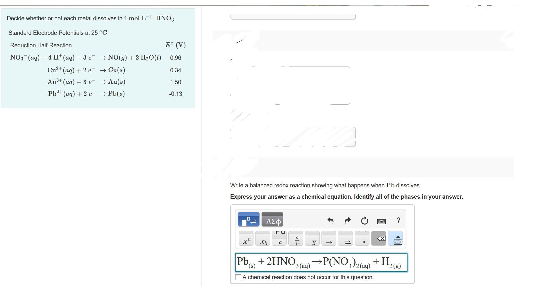 Solved Decide whether or not each metal dissolves in 1 mol | Chegg.com
