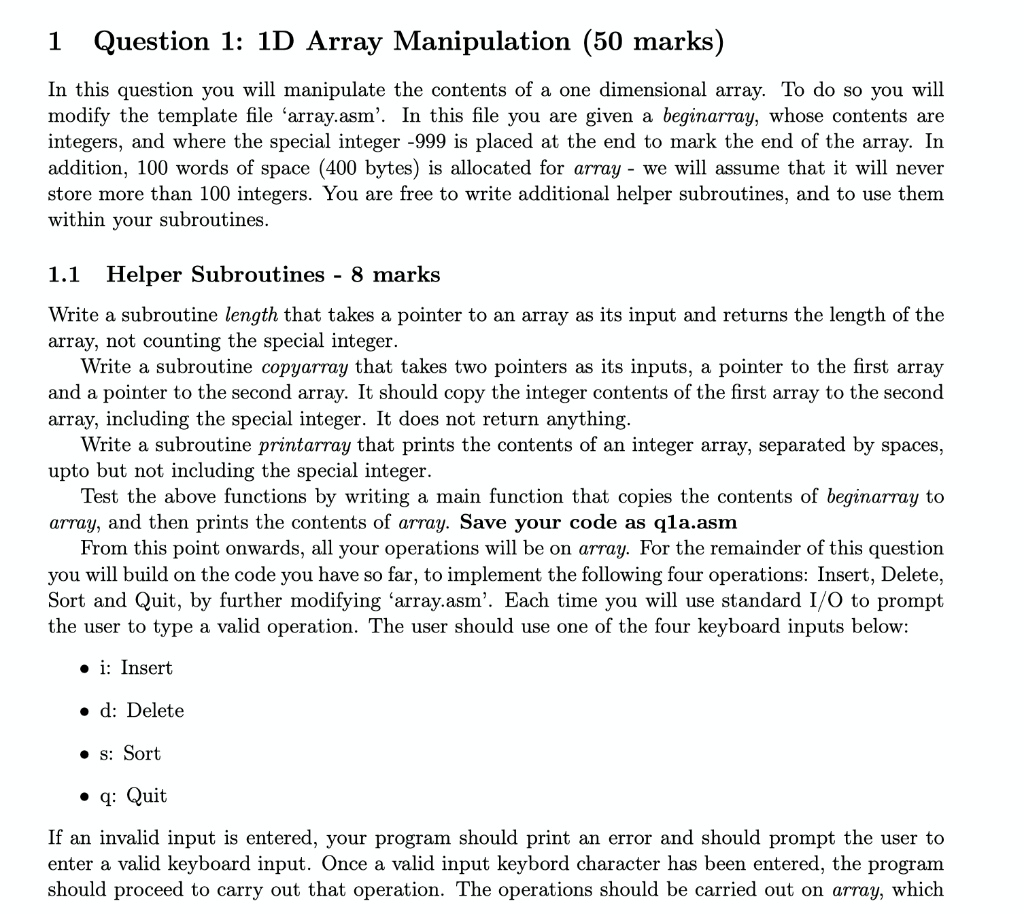 1 Question 1: 1D Array Manipulation (50 marks) In | Chegg.com