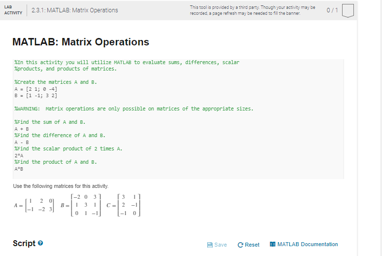 Solved 2.3.1: MATLAB: Matrix Operations This tool is | Chegg.com