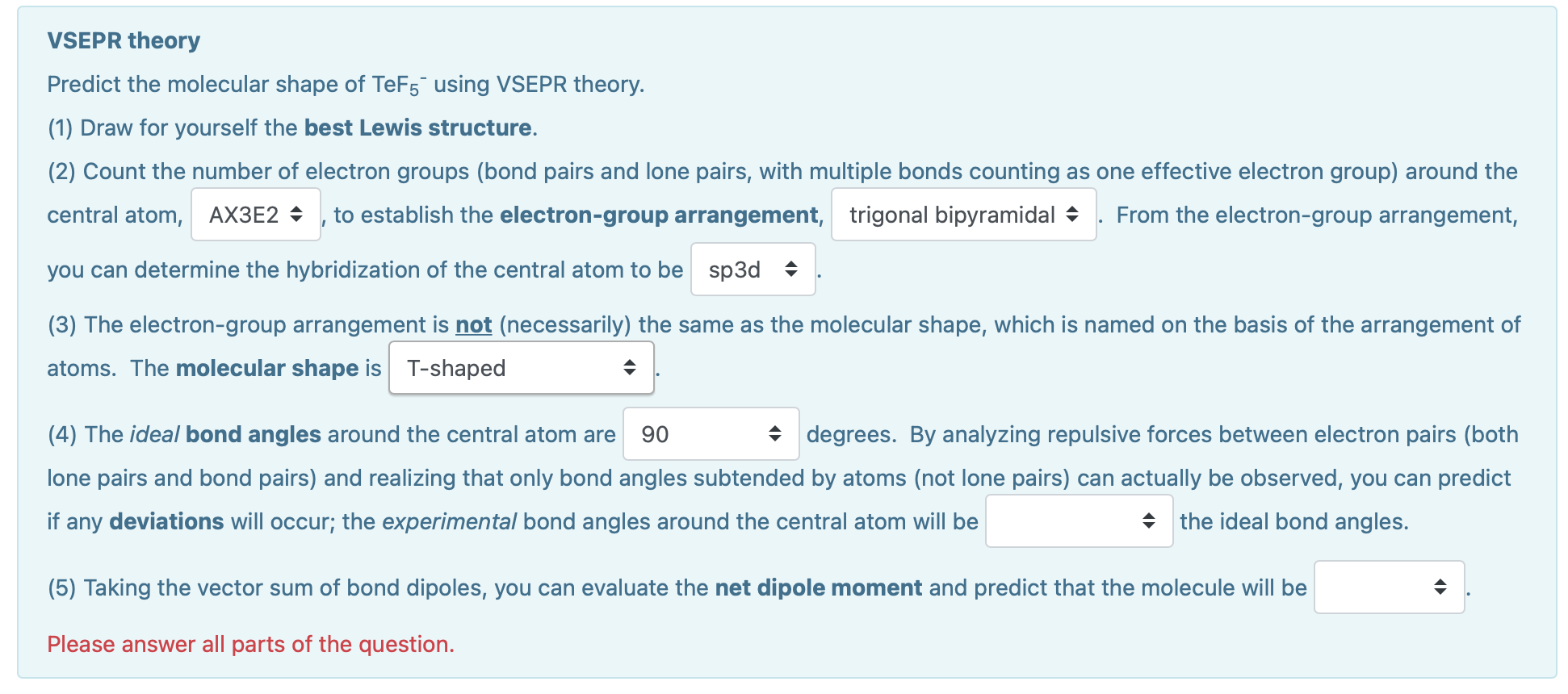 Solved VSEPR theory Predict the molecular shape of TeF5 | Chegg.com