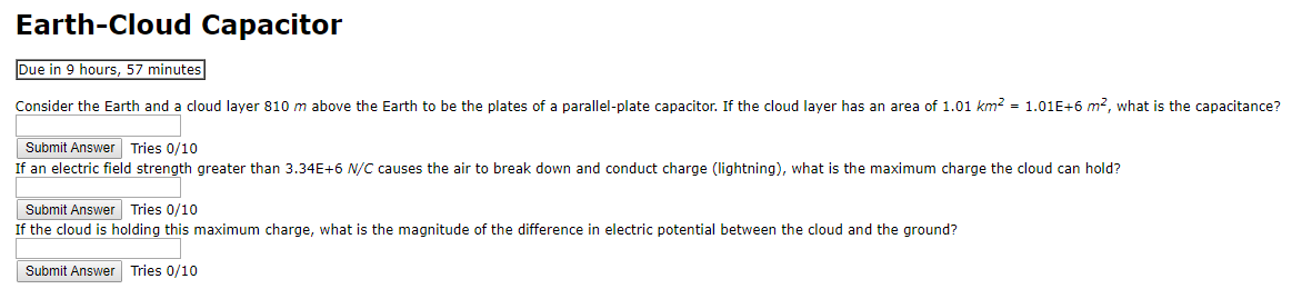 Solved Earth-Cloud Capacitor Due in 9 hours, 57 minutes | Chegg.com