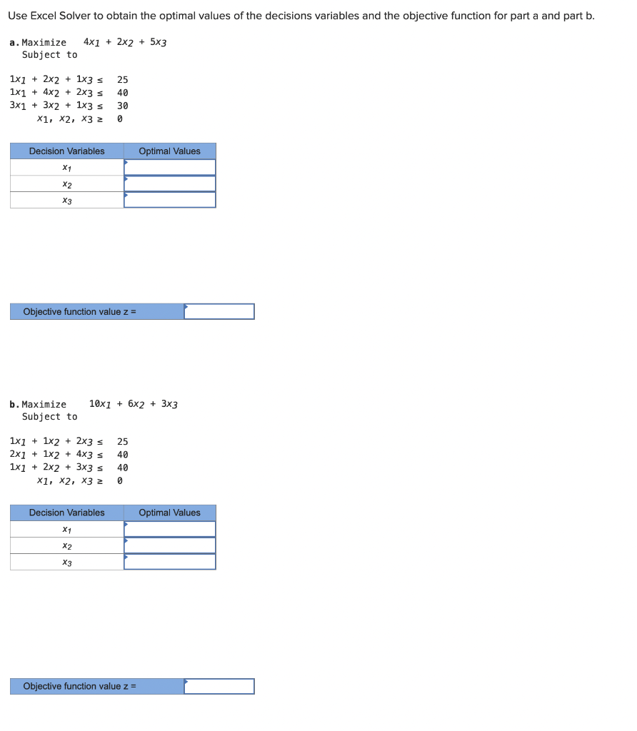 Solved Use Excel Solver to obtain the optimal values of the | Chegg.com