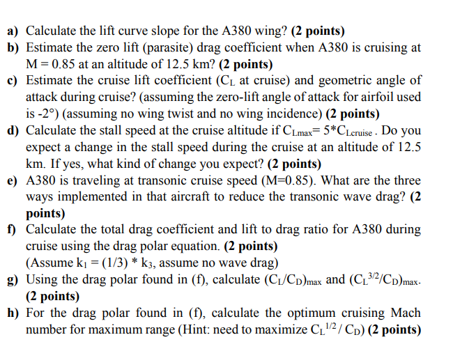 Solved 80 m 845 m2 7.53 Wing Span Wing Planform Area Wing | Chegg.com