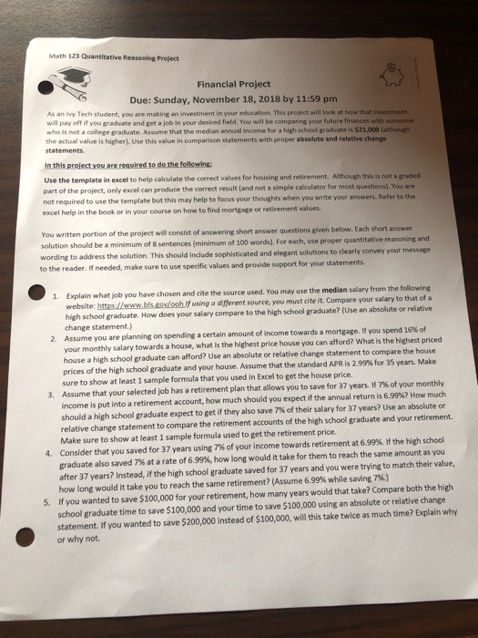 Math 123 Quantitative Reasoning Project Financial | Chegg.com