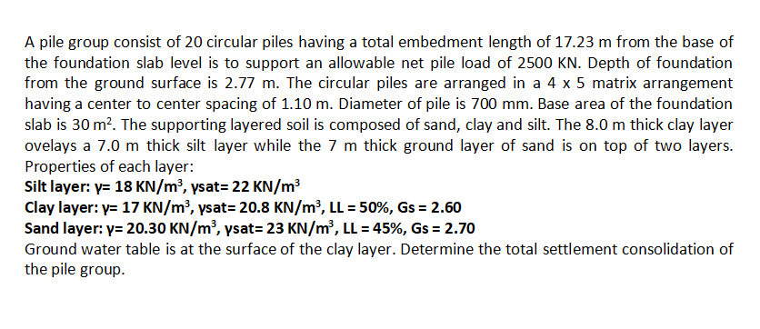 Solved A pile group consist of 20 circular piles having a | Chegg.com