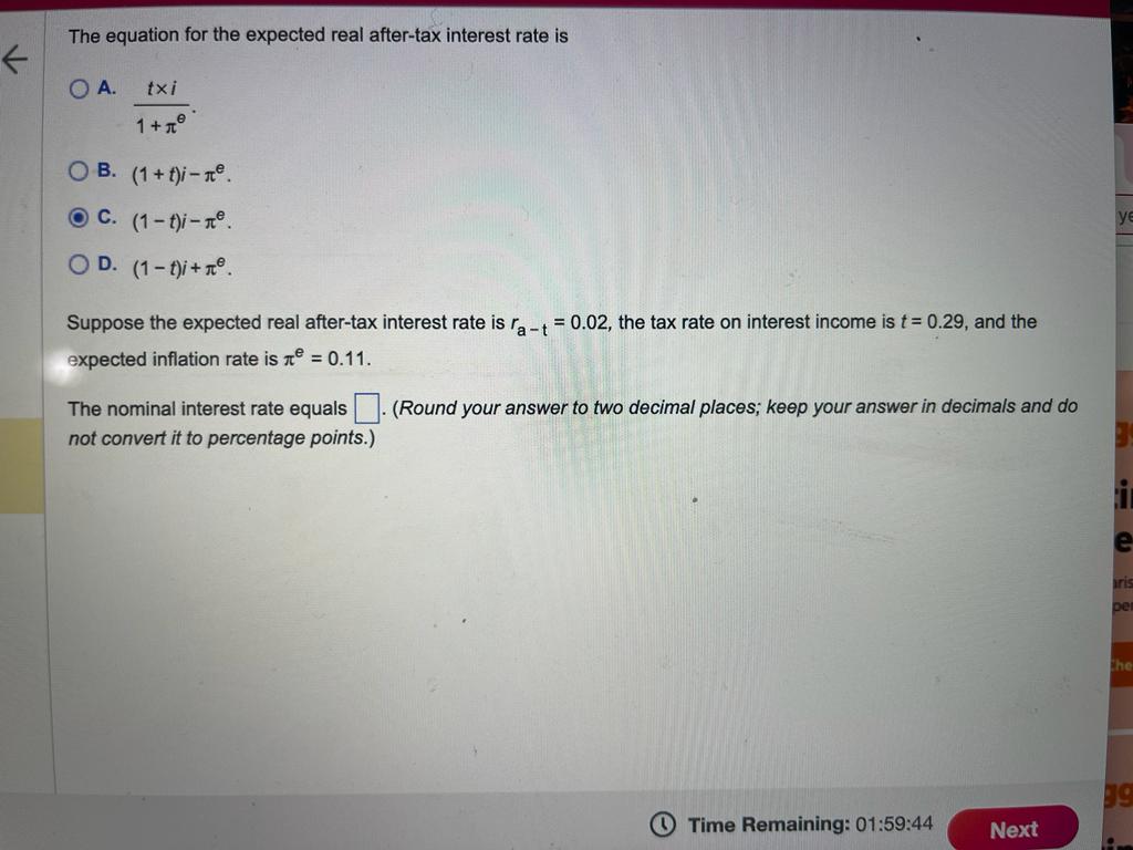 Solved The equation for the expected real after-tax interest | Chegg.com