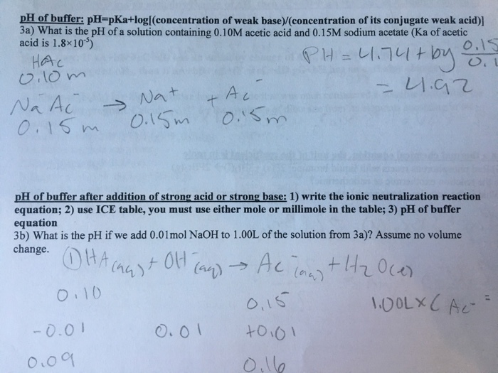 Solved pH of buffer: pH=pKa+log((concentration of weak | Chegg.com