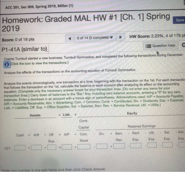 Solved ACC 201, Sec 009, Spring 2019, Miller (1) Homework: | Chegg.com