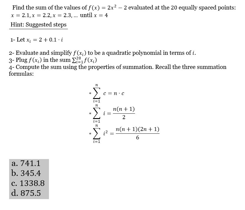 Solved Find The Sum Of The Values Of F X 2x2 2