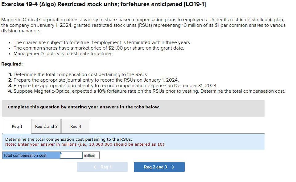 Solved Exercise 19-4 (Algo) Restricted stock units; | Chegg.com