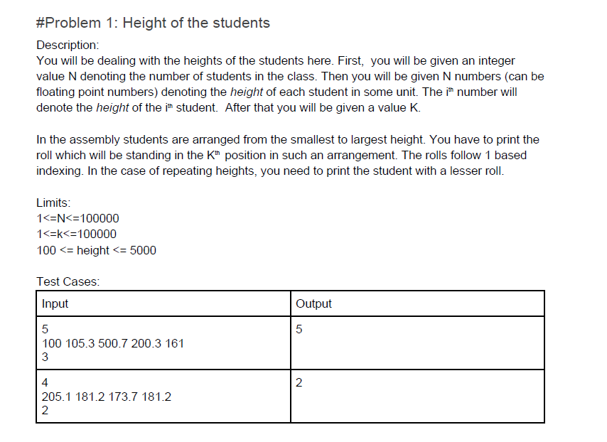 Solved #Problem 1: Height of the students Description: You | Chegg.com