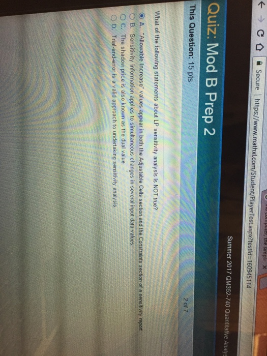 Solved This Question: 10 pts In linear programming, what is | Chegg.com