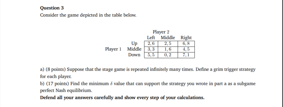 Solved Question 3 Consider the game depicted in the table | Chegg.com
