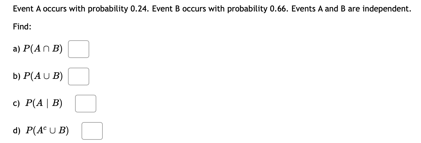 Solved Event A occurs with probability 0.24. Event B occurs | Chegg.com