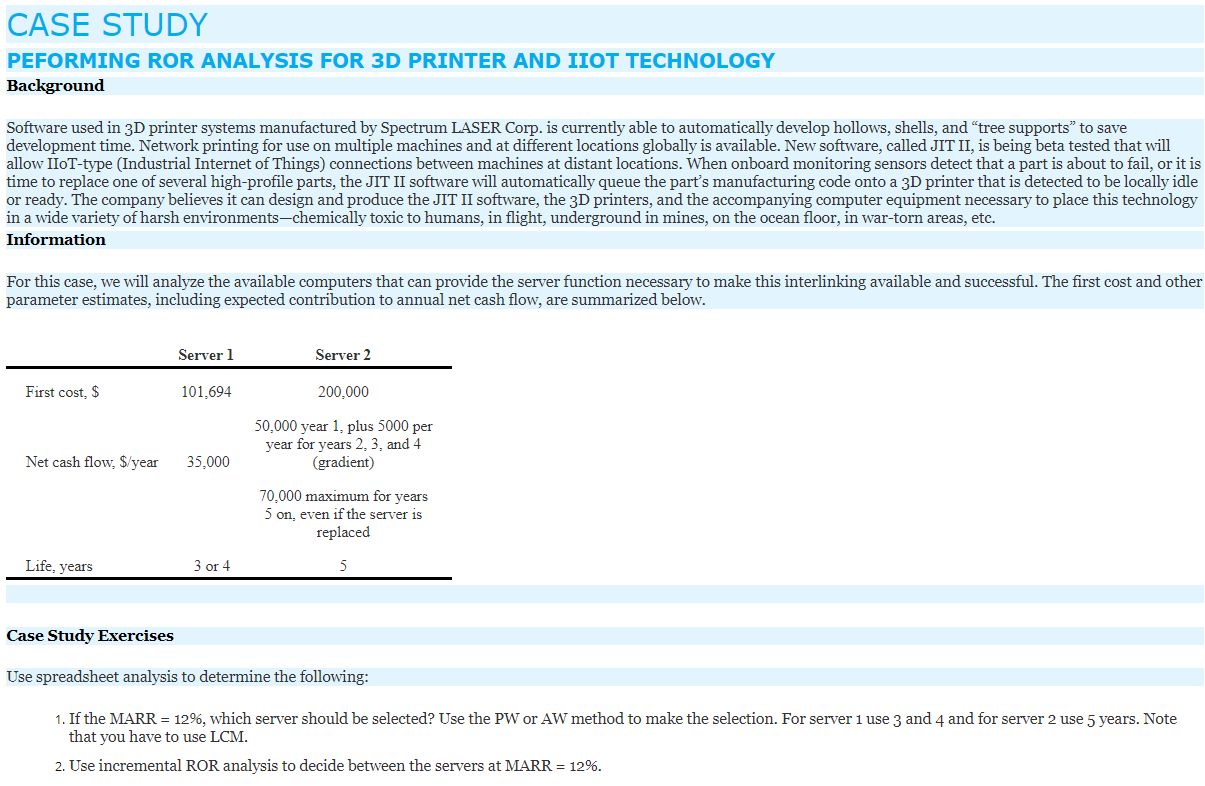 Solved CASE STUDY PEFORMING ROR ANALYSIS FOR 3D PRINTER AND | Chegg.com