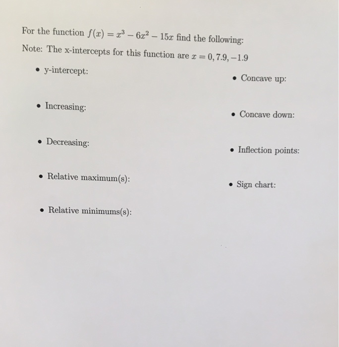 Solved For the function f(x) = x3-6x2-15x find the | Chegg.com