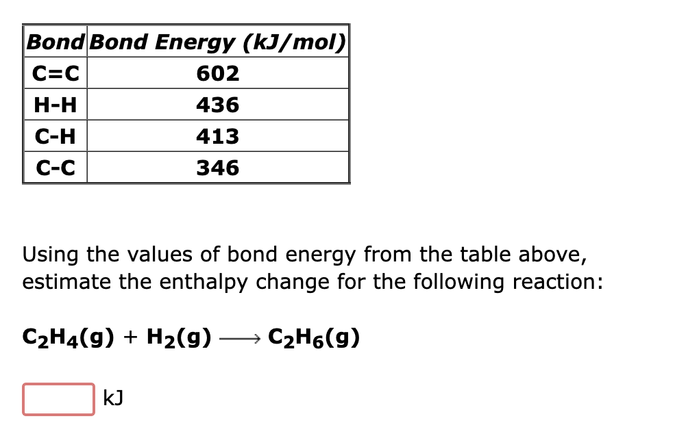 Solved Bond Bond Energy (kJ/mol) C=C 602 H-H 436 C-H 413 C-C | Chegg.com